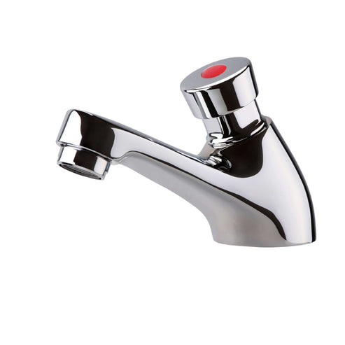 Chrome Single Pillar Push Down Tap: Monobloc - Self-Closing