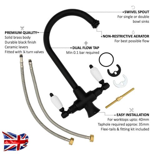 Dorchester Georgian dual flow kitchen sink tap with twin white levers ...
