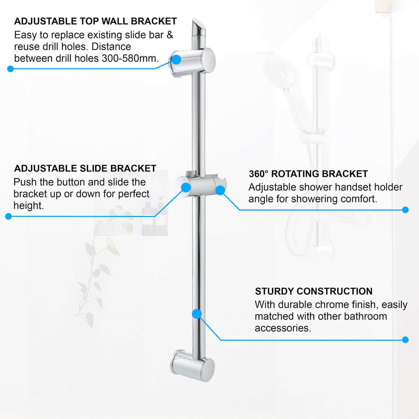 Chrome Shower Rail: Modern and Adjustable - 1 Year Guarantee