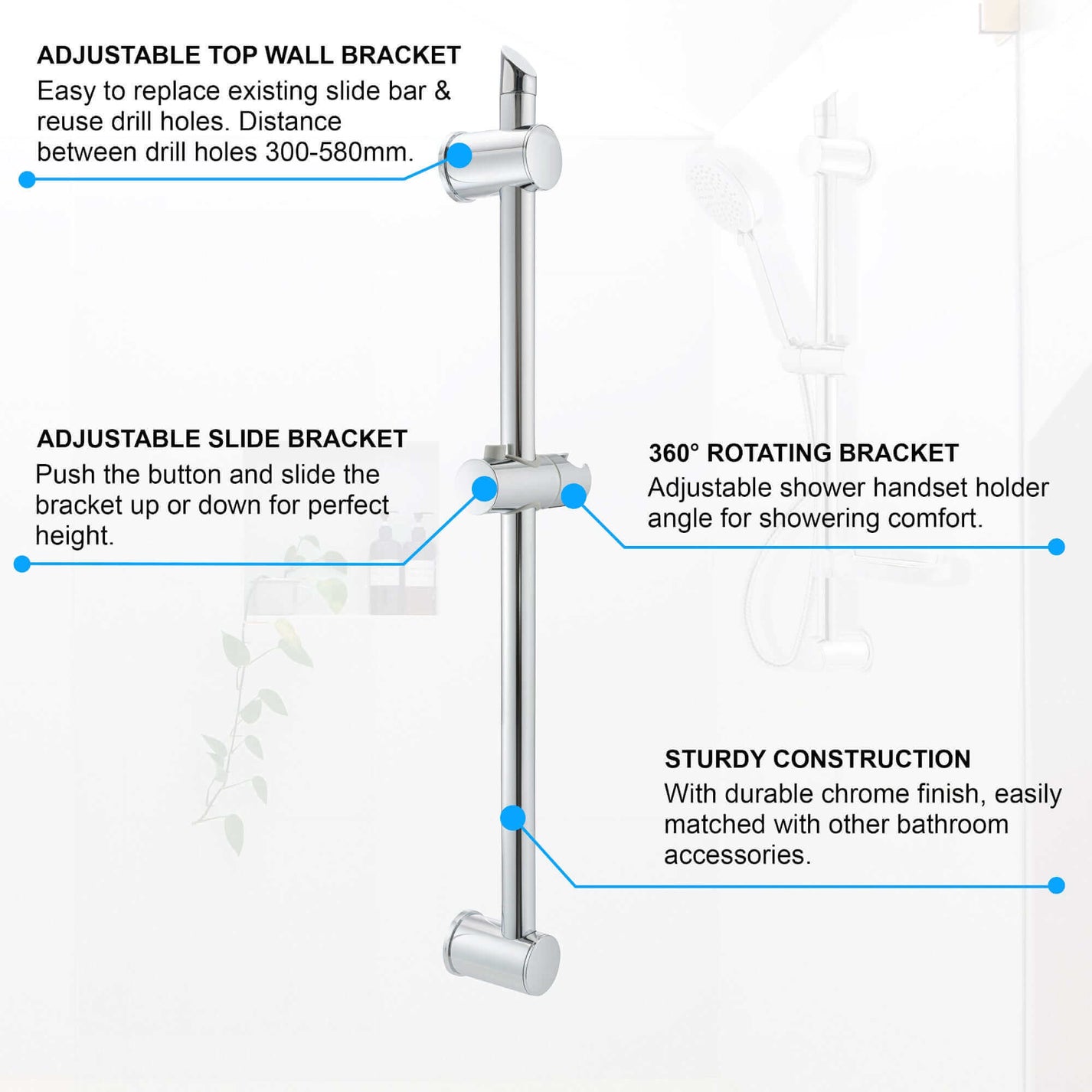 Chrome Shower Rail: Modern and Adjustable - 1 Year Guarantee