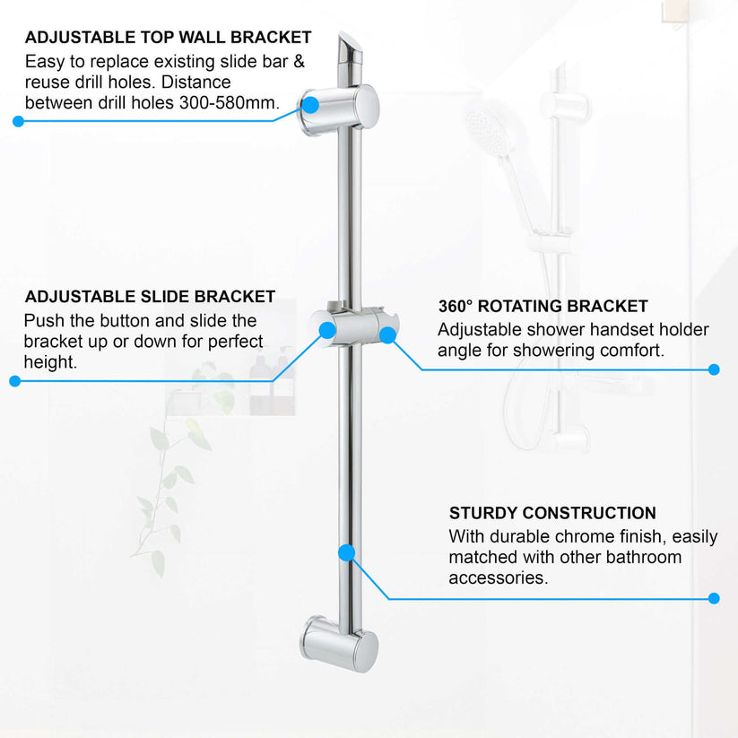 Chrome Shower Rail: Modern and Adjustable - 1 Year Guarantee