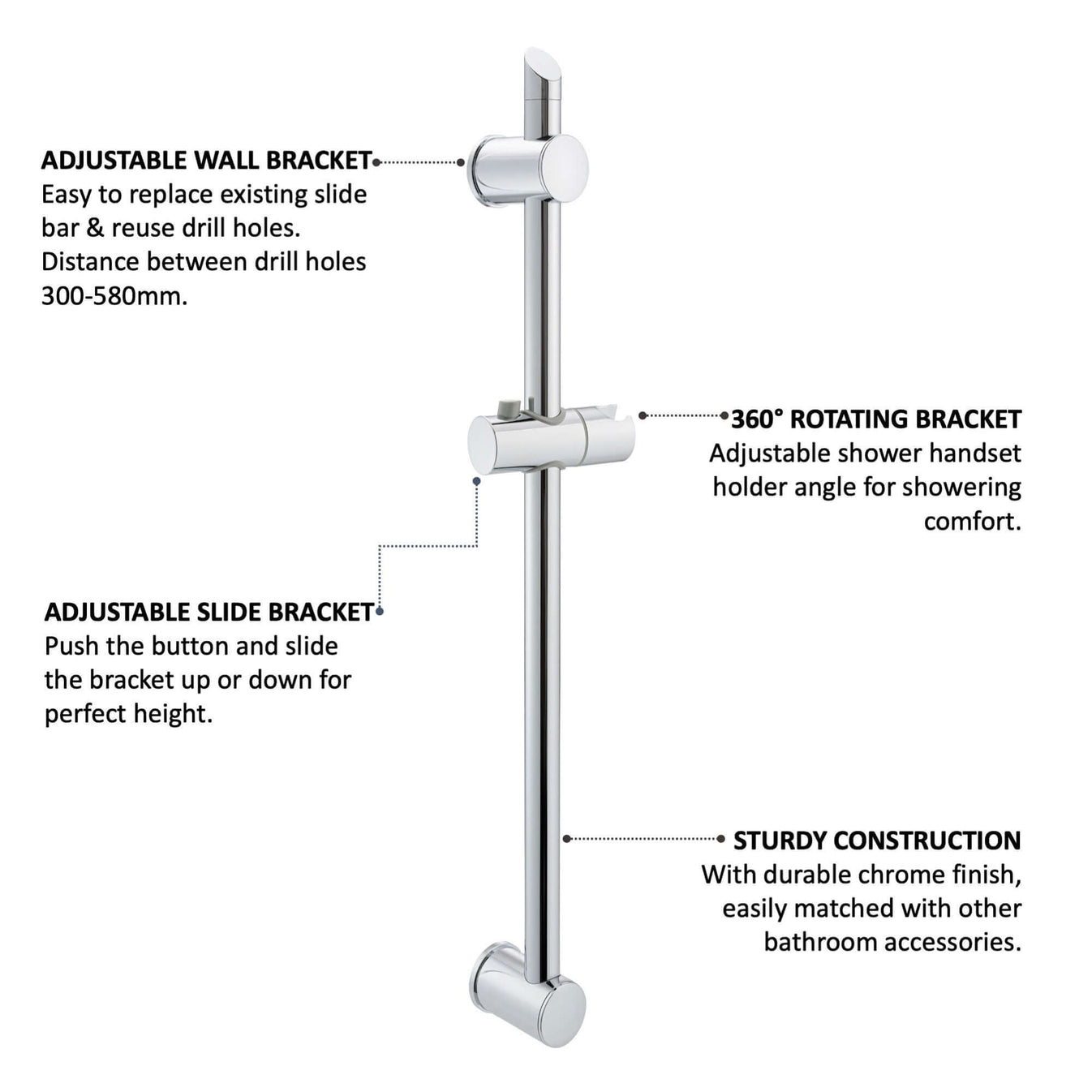 Chrome Shower Rail: Modern and Adjustable - 1 Year Guarantee