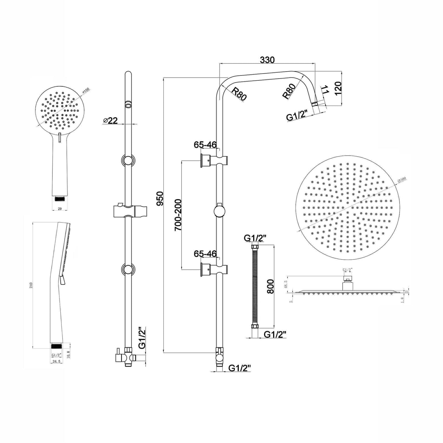 Dune thermostatic bar bath shower mixer valve with dual rigid riser kit ...
