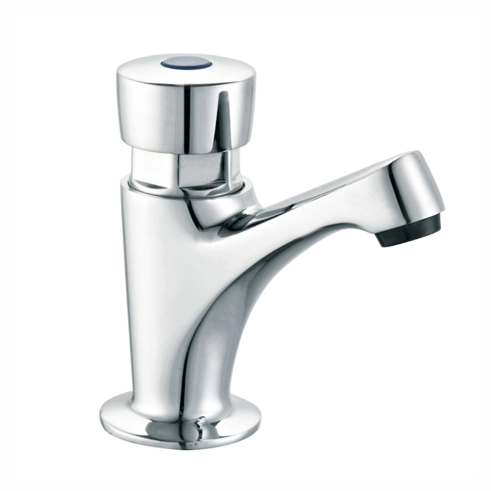 Chrome Single Pillar Push Down Tap: Monobloc - Self-Closing