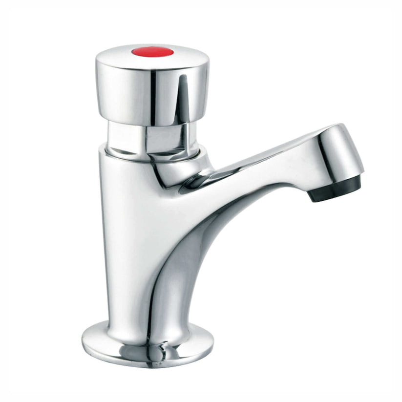 Chrome Single Pillar Push Down Tap: Monobloc - Self-Closing