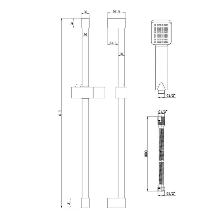 Square design shower slider riser rail kit with handset, hose and wall ...