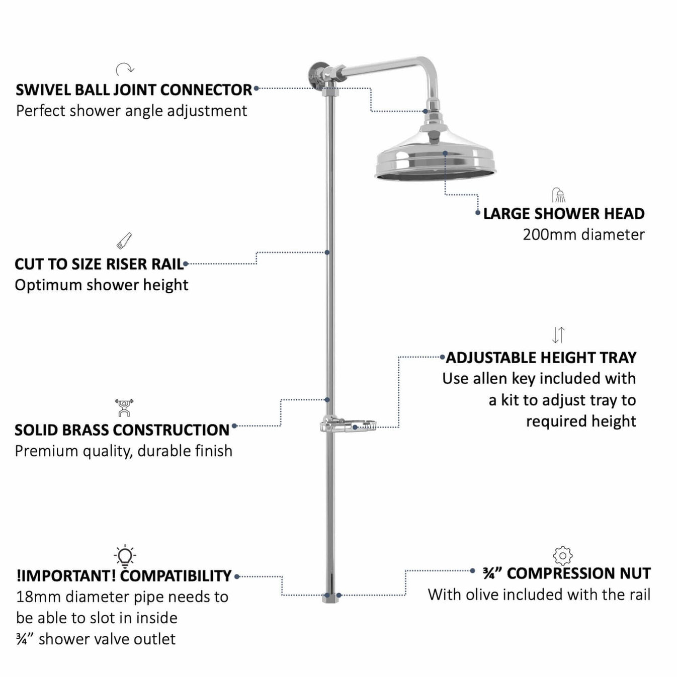 Downton traditional shower riser rail kit with soap dish watercan head ...