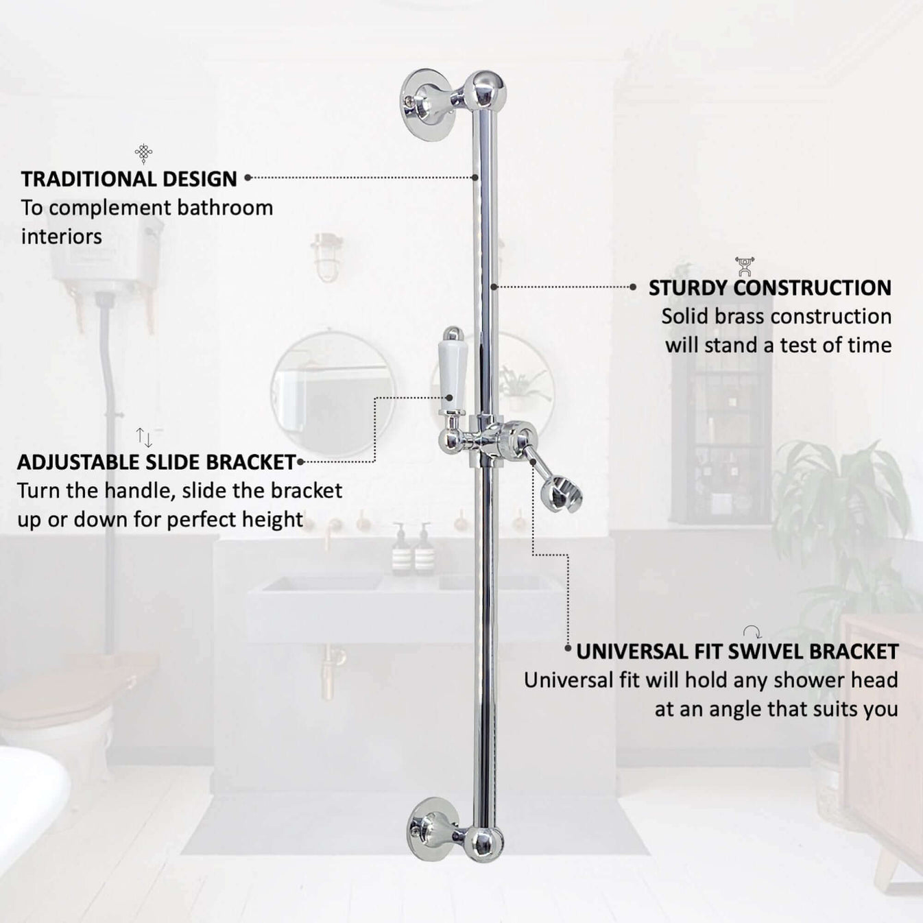 Traditional shower slider rail brass with white ceramic lever bracket ...
